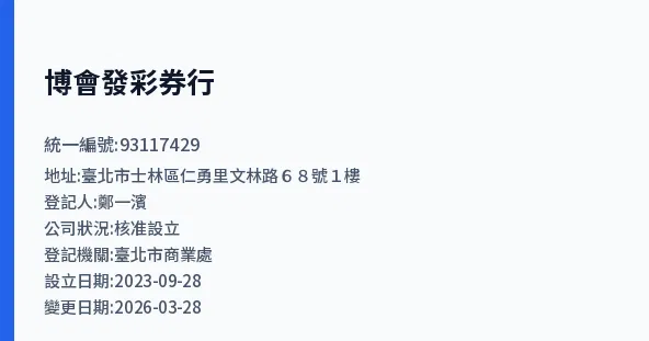 博會發彩券行的照片-統編 93117429(臺北市) 公司登記資料與營業項目詳細圖表