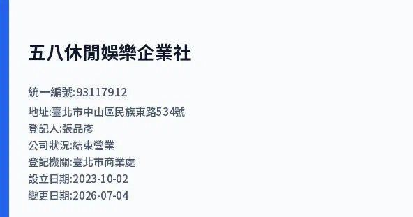 五八休閒娛樂企業社的照片-統編 93117912(臺北市) 公司登記資料與營業項目詳細圖表