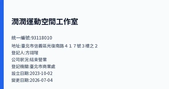 潤潤運動空間工作室的照片-統編 93118010(臺北市) 公司登記資料與營業項目詳細圖表