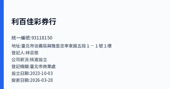 利百佳彩券行的照片-統編 93118150(臺北市) 公司登記資料與營業項目詳細圖表