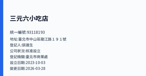 三元六小吃店的照片-統編 93118193(臺北市) 公司登記資料與營業項目詳細圖表