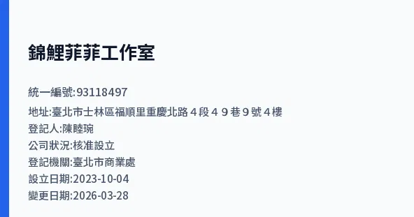 錦鯉菲菲工作室的照片-統編 93118497(臺北市) 公司登記資料與營業項目詳細圖表