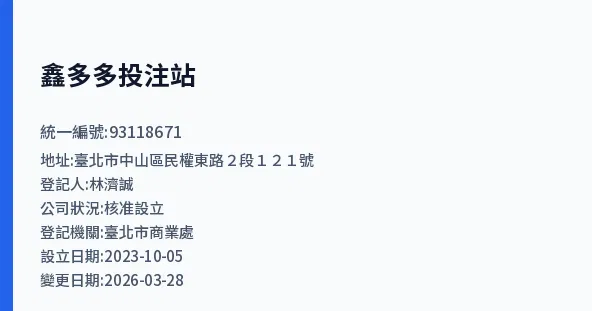 鑫多多投注站的照片-統編 93118671(臺北市) 公司登記資料與營業項目詳細圖表