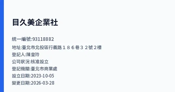 目久美企業社的照片-統編 93118882(臺北市) 公司登記資料與營業項目詳細圖表