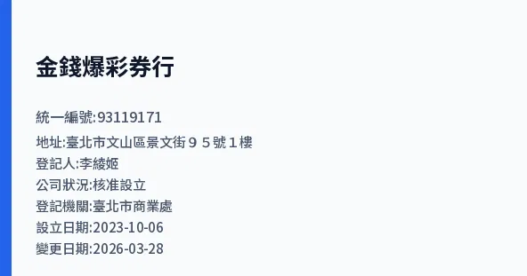 金錢爆彩券行的照片-統編 93119171(臺北市) 公司登記資料與營業項目詳細圖表
