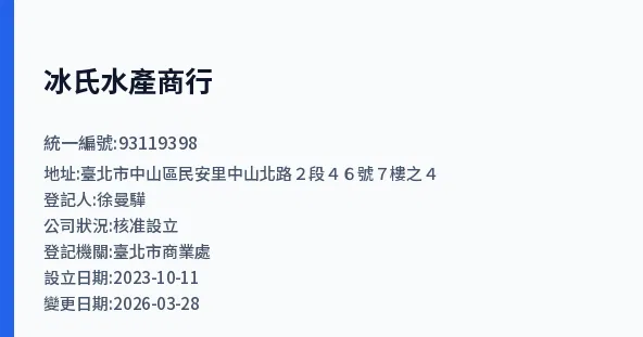 冰氏水產商行的照片-統編 93119398(臺北市) 公司登記資料與營業項目詳細圖表