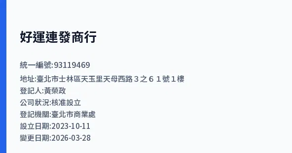 好運連發商行的照片-統編 93119469(臺北市) 公司登記資料與營業項目詳細圖表