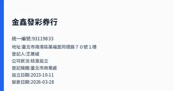 金鑫發彩券行的照片-統編 93119833(臺北市) 公司登記資料與營業項目詳細圖表