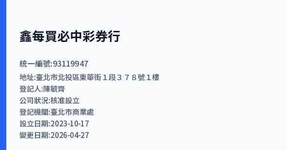 鑫每買必中彩券行的照片-統編 93119947(臺北市) 公司登記資料與營業項目詳細圖表