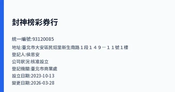封神榜彩券行的照片-統編 93120085(臺北市) 公司登記資料與營業項目詳細圖表