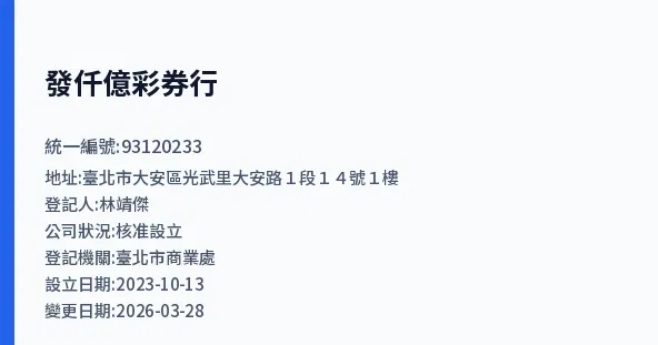 發仟億彩券行的照片-統編 93120233(臺北市) 公司登記資料與營業項目詳細圖表