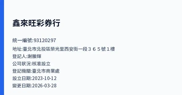 鑫來旺彩券行的照片-統編 93120297(臺北市) 公司登記資料與營業項目詳細圖表