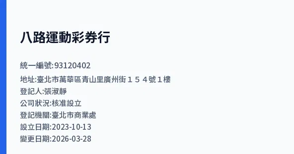 八路運動彩券行的照片-統編 93120402(臺北市) 公司登記資料與營業項目詳細圖表