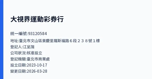大視界運動彩券行的照片-統編 93120584(臺北市) 公司登記資料與營業項目詳細圖表