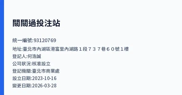 關關過投注站的照片-統編 93120769(臺北市) 公司登記資料與營業項目詳細圖表