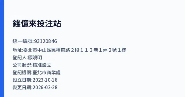 錢億來投注站的照片-統編 93120846(臺北市) 公司登記資料與營業項目詳細圖表