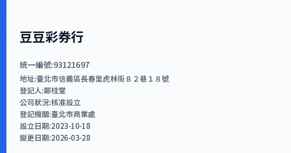 豆豆彩券行的照片-統編 93121697(臺北市) 公司登記資料與營業項目詳細圖表