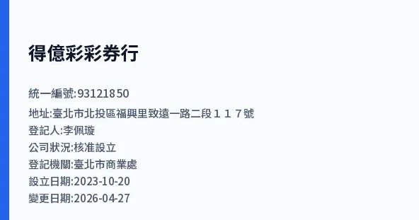 得億彩彩券行的照片-統編 93121850(臺北市) 公司登記資料與營業項目詳細圖表