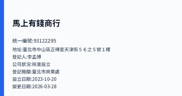 馬上有錢商行的照片-統編 93122295(臺北市) 公司登記資料與營業項目詳細圖表