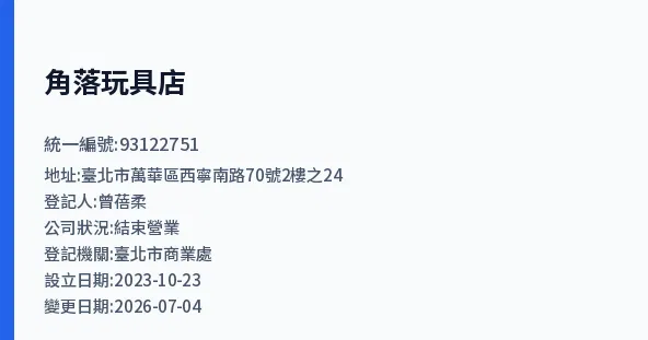 角落玩具店的照片-統編 93122751(臺北市) 公司登記資料與營業項目詳細圖表