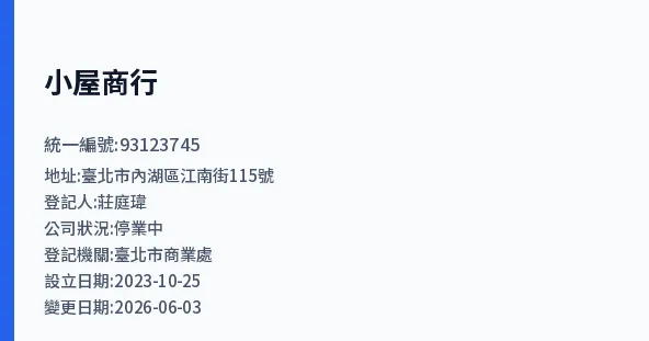 小屋商行的照片-統編 93123745(臺北市) 公司登記資料與營業項目詳細圖表
