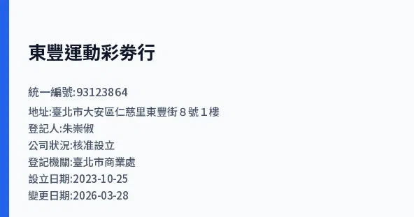 東豐運動彩劵行的照片-統編 93123864(臺北市) 公司登記資料與營業項目詳細圖表