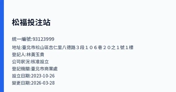 松福投注站的照片-統編 93123999(臺北市) 公司登記資料與營業項目詳細圖表