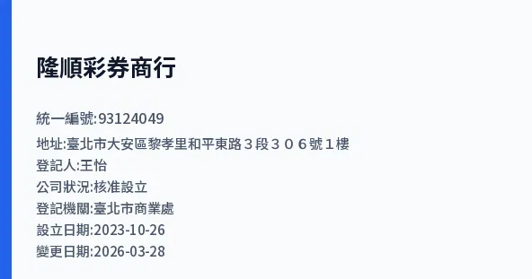 隆順彩券商行的照片-統編 93124049(臺北市) 公司登記資料與營業項目詳細圖表
