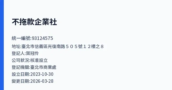 不拖款企業社的照片-統編 93124575(臺北市) 公司登記資料與營業項目詳細圖表