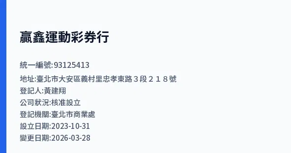 贏鑫運動彩券行的照片-統編 93125413(臺北市) 公司登記資料與營業項目詳細圖表