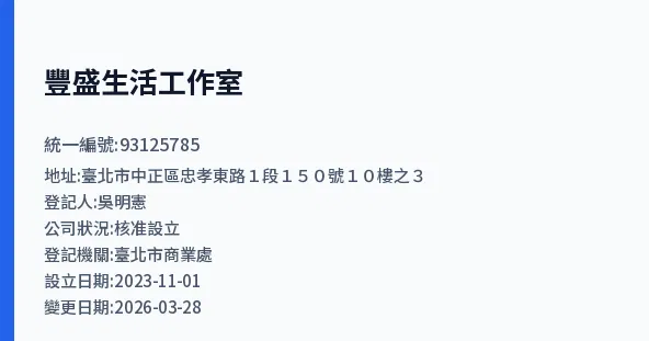 豐盛生活工作室的照片-統編 93125785(臺北市) 公司登記資料與營業項目詳細圖表