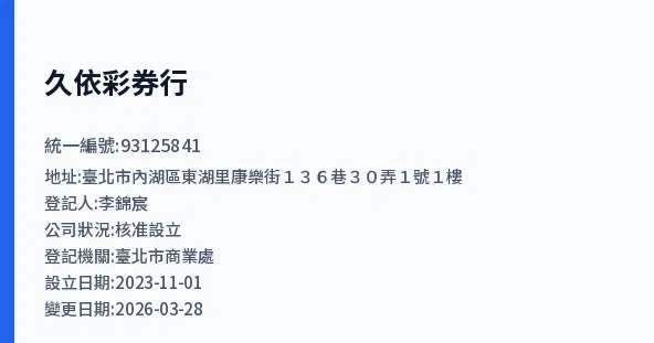 久依彩券行的照片-統編 93125841(臺北市) 公司登記資料與營業項目詳細圖表