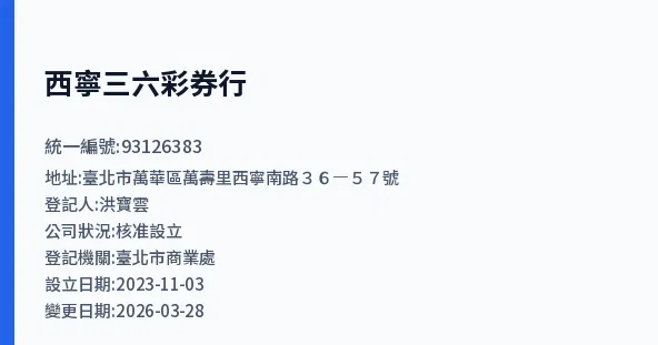 西寧三六彩券行的照片-統編 93126383(臺北市) 公司登記資料與營業項目詳細圖表