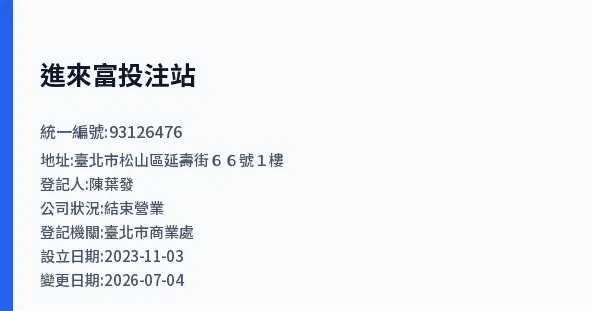 進來富投注站的照片-統編 93126476(臺北市) 公司登記資料與營業項目詳細圖表