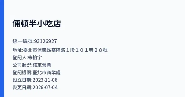 倆頓半小吃店的照片-統編 93126927(臺北市) 公司登記資料與營業項目詳細圖表