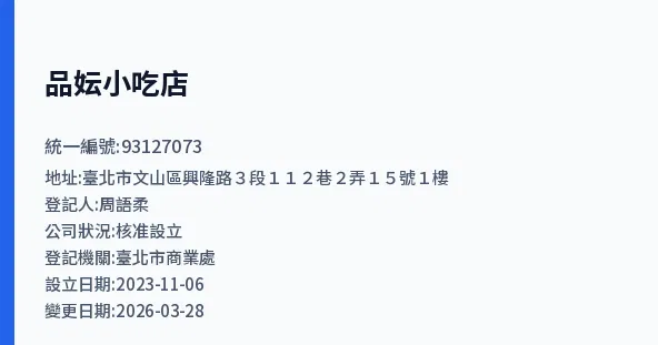 品妘小吃店的照片-統編 93127073(臺北市) 公司登記資料與營業項目詳細圖表