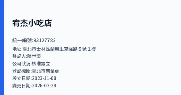 宥杰小吃店的照片-統編 93127783(臺北市) 公司登記資料與營業項目詳細圖表
