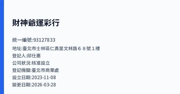 財神爺運彩行的照片-統編 93127833(臺北市) 公司登記資料與營業項目詳細圖表