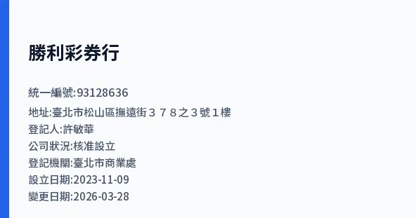 勝利彩券行的照片-統編 93128636(臺北市) 公司登記資料與營業項目詳細圖表