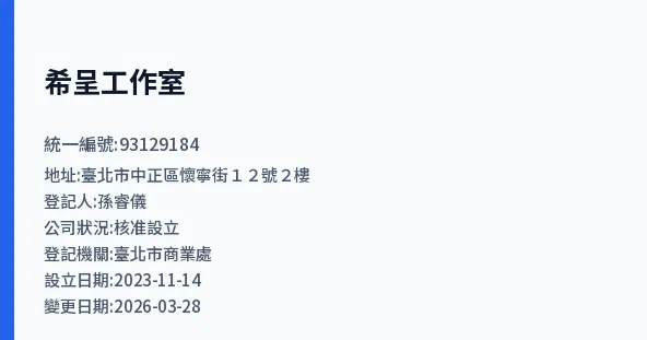 希呈工作室的照片-統編 93129184(臺北市) 公司登記資料與營業項目詳細圖表