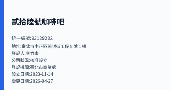 貳拾陸號咖啡吧的照片-統編 93129282(臺北市) 公司登記資料與營業項目詳細圖表