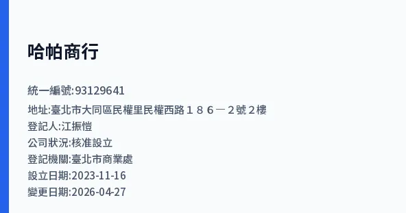 哈帕商行的照片-統編 93129641(臺北市) 公司登記資料與營業項目詳細圖表