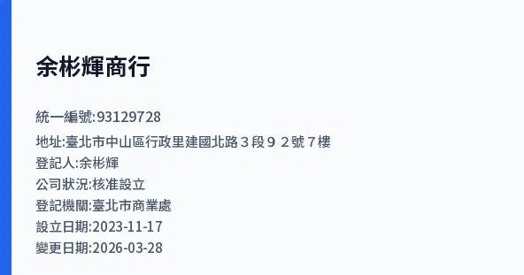 余彬輝商行的照片-統編 93129728(臺北市) 公司登記資料與營業項目詳細圖表