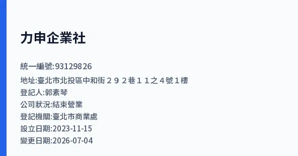 力申企業社的照片-統編 93129826(臺北市) 公司登記資料與營業項目詳細圖表