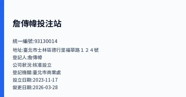 詹傳幃投注站的照片-統編 93130014(臺北市) 公司登記資料與營業項目詳細圖表