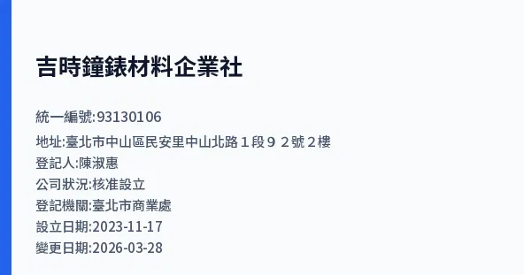 吉時鐘錶材料企業社的照片-統編 93130106(臺北市) 公司登記資料與營業項目詳細圖表