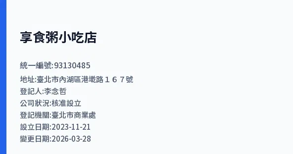 享食粥小吃店的照片-統編 93130485(臺北市) 公司登記資料與營業項目詳細圖表