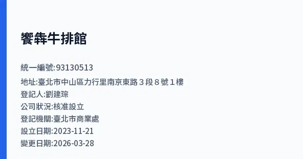 饗犇牛排館的照片-統編 93130513(臺北市) 公司登記資料與營業項目詳細圖表