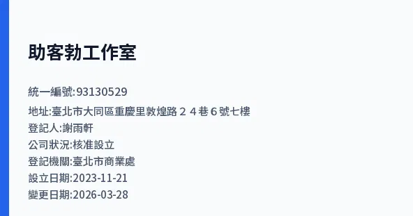 助客勃工作室的照片-統編 93130529(臺北市) 公司登記資料與營業項目詳細圖表