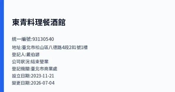 東青料理餐酒館的照片-統編 93130540(臺北市) 公司登記資料與營業項目詳細圖表